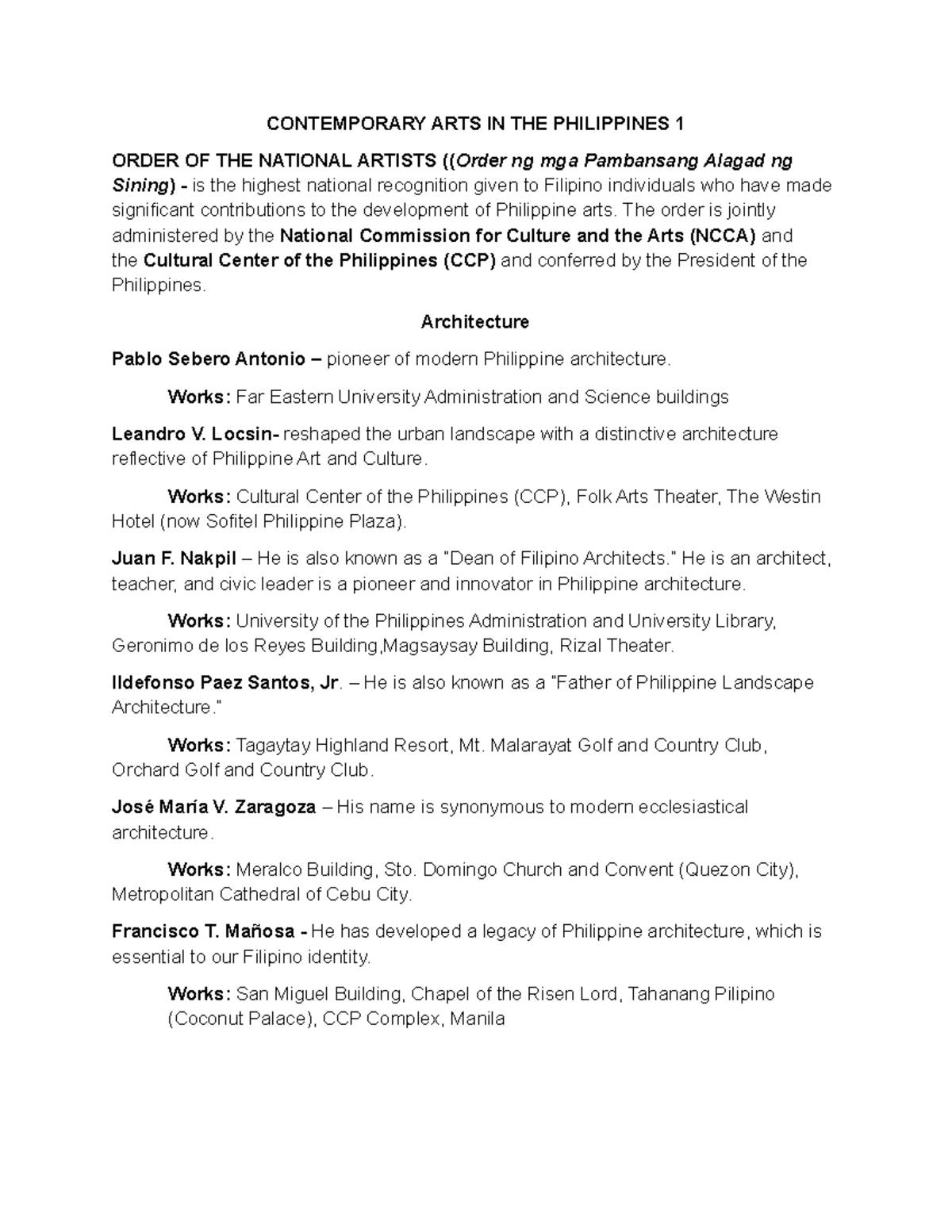 Order of the National Artists in Contemporary Philippine Arts (CA 1 ...