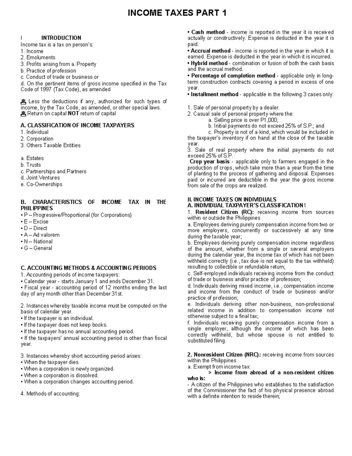 INCOME TAXES PART 1: INTRODUCTION & CLASSIFICATION OF TAXPAYERS - Studocu