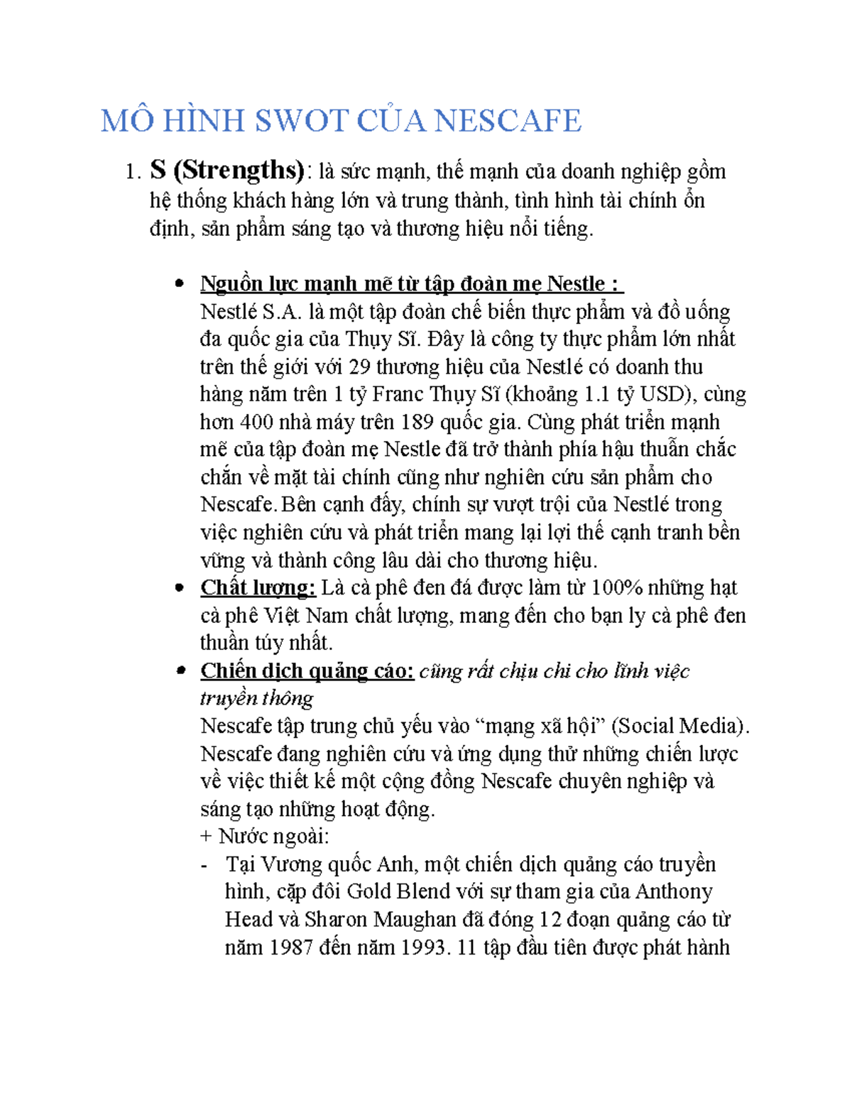 MÔ HÌNH SWOT CỦA NESCAFÉ: ĐÁNH GIÁ VÀ PHÂN TÍCH CHIẾN LƯỢC - Studocu