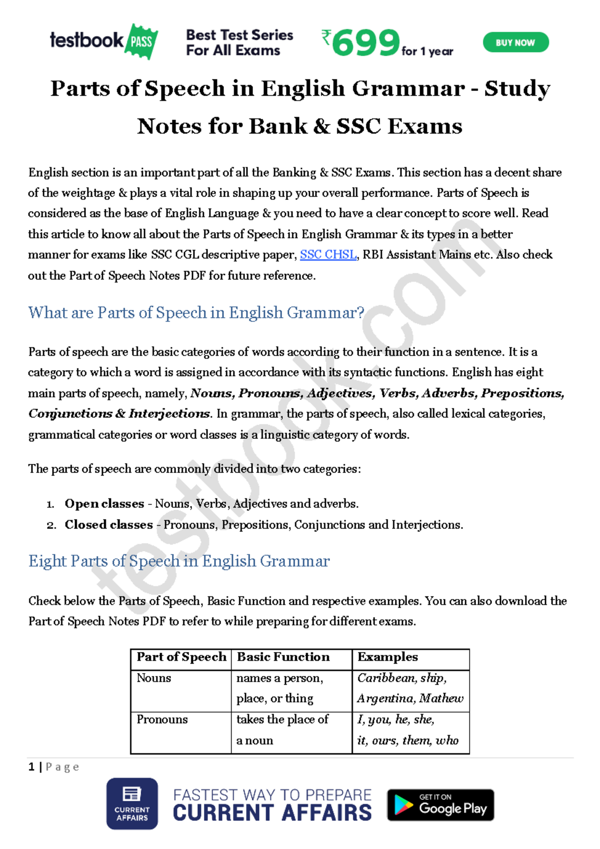 Parts of speech in english grammar study notes for bank ssc exams ...