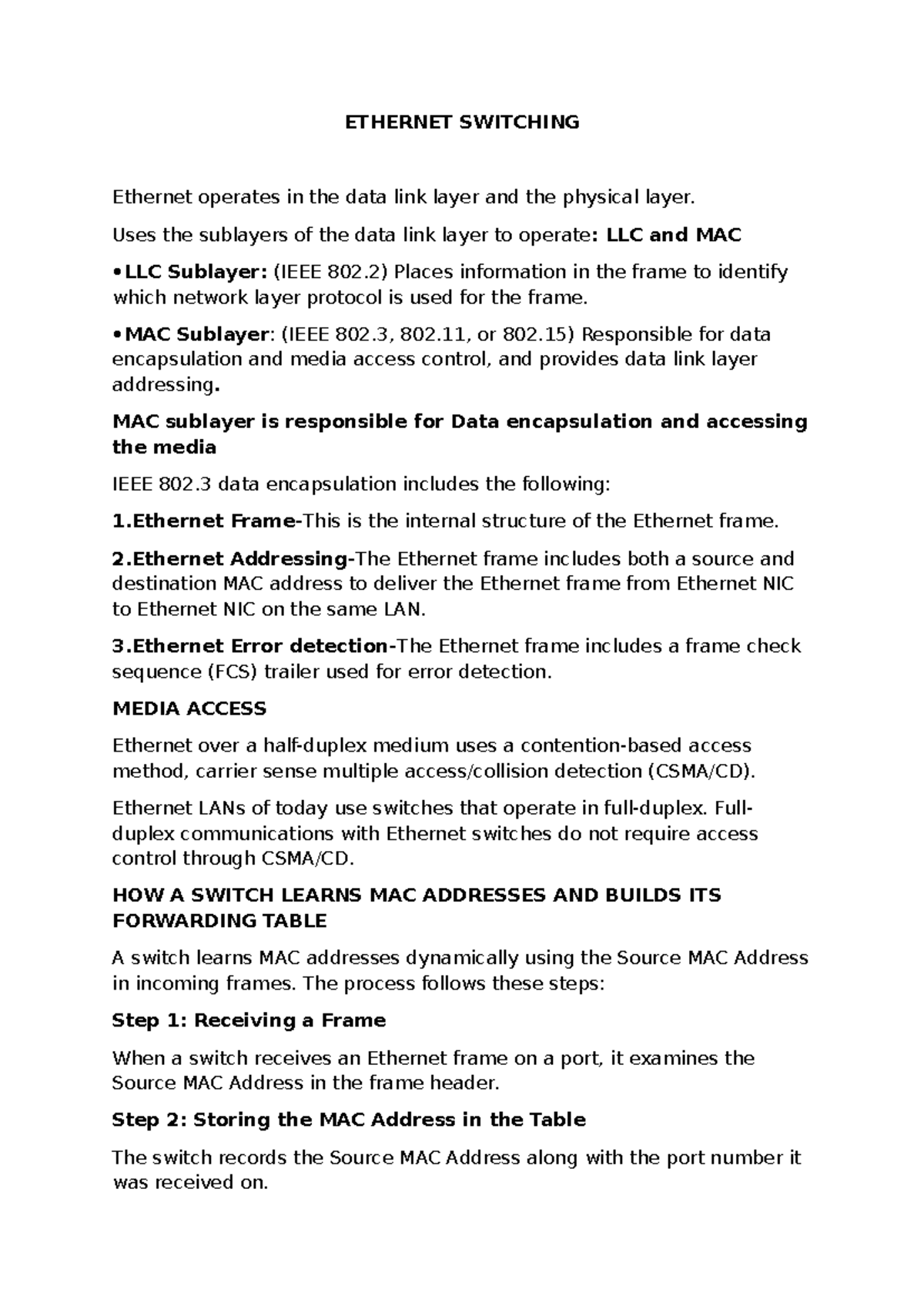 Ethernet switching concepts and MAC address learning process - Studocu