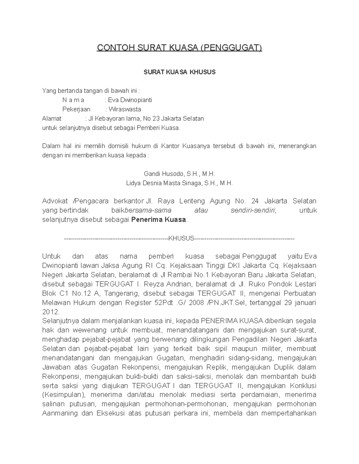 Contoh Surat Kuasa Penggugat untuk Gugatan Perdata (HIR) - Studocu