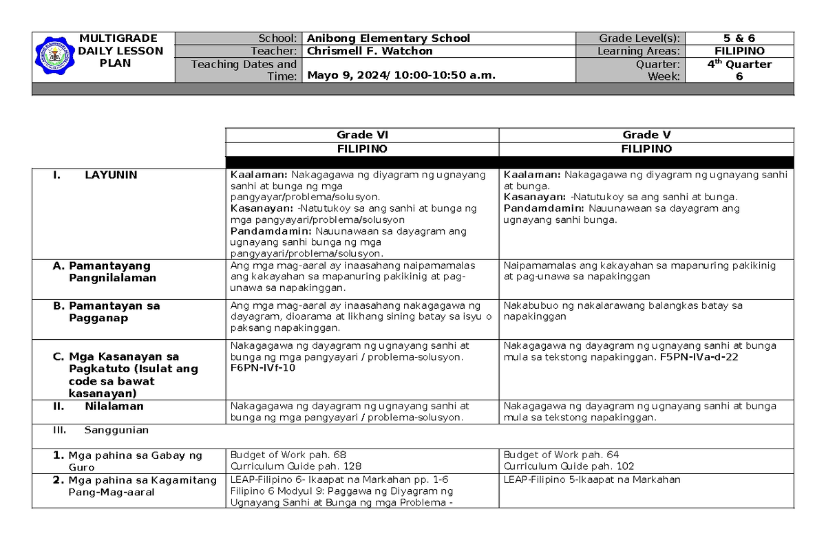 Multigrade DLL: Filipino Lesson Plan for Grades 5 & 6 - Studocu