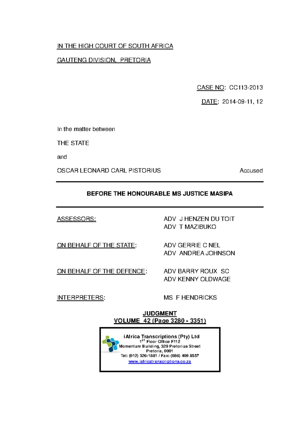"Case Study: The State v Oscar Pistorius Judgment CC113 2014" - Studocu