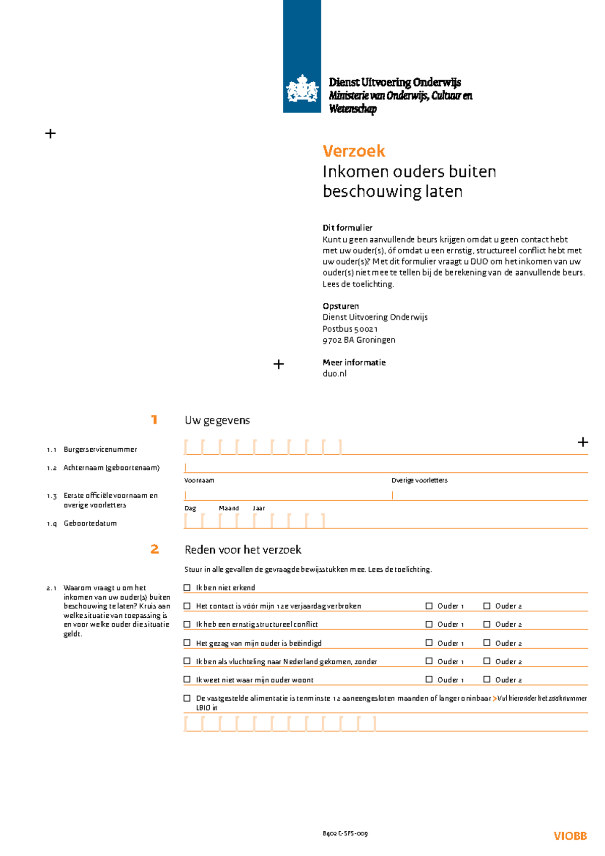 Verzoek om Inkomen Ouders Buiten Beschouwing - DUO Formulier - Studeersnel