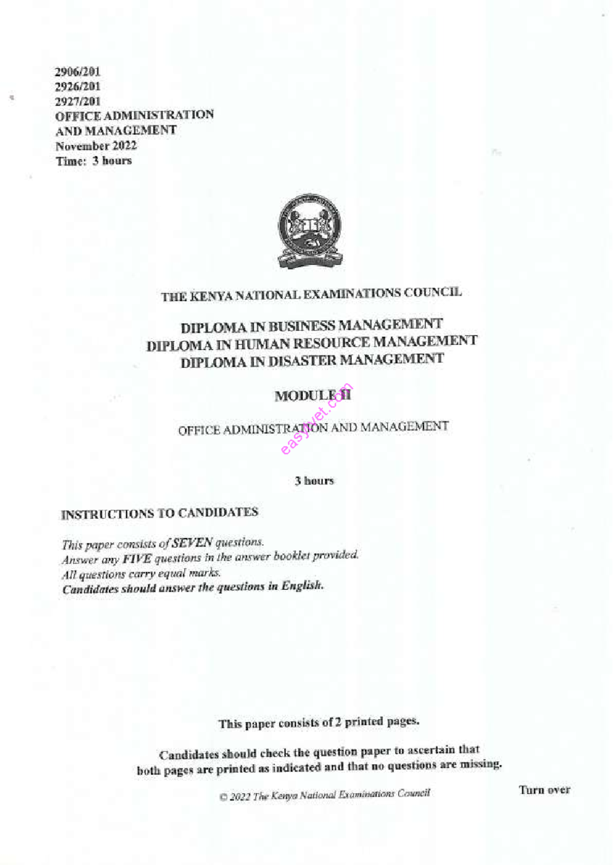 OFFICE ADMINISTRATION AND MANAGEMENT Past Paper - Nov 2022 - Studocu
