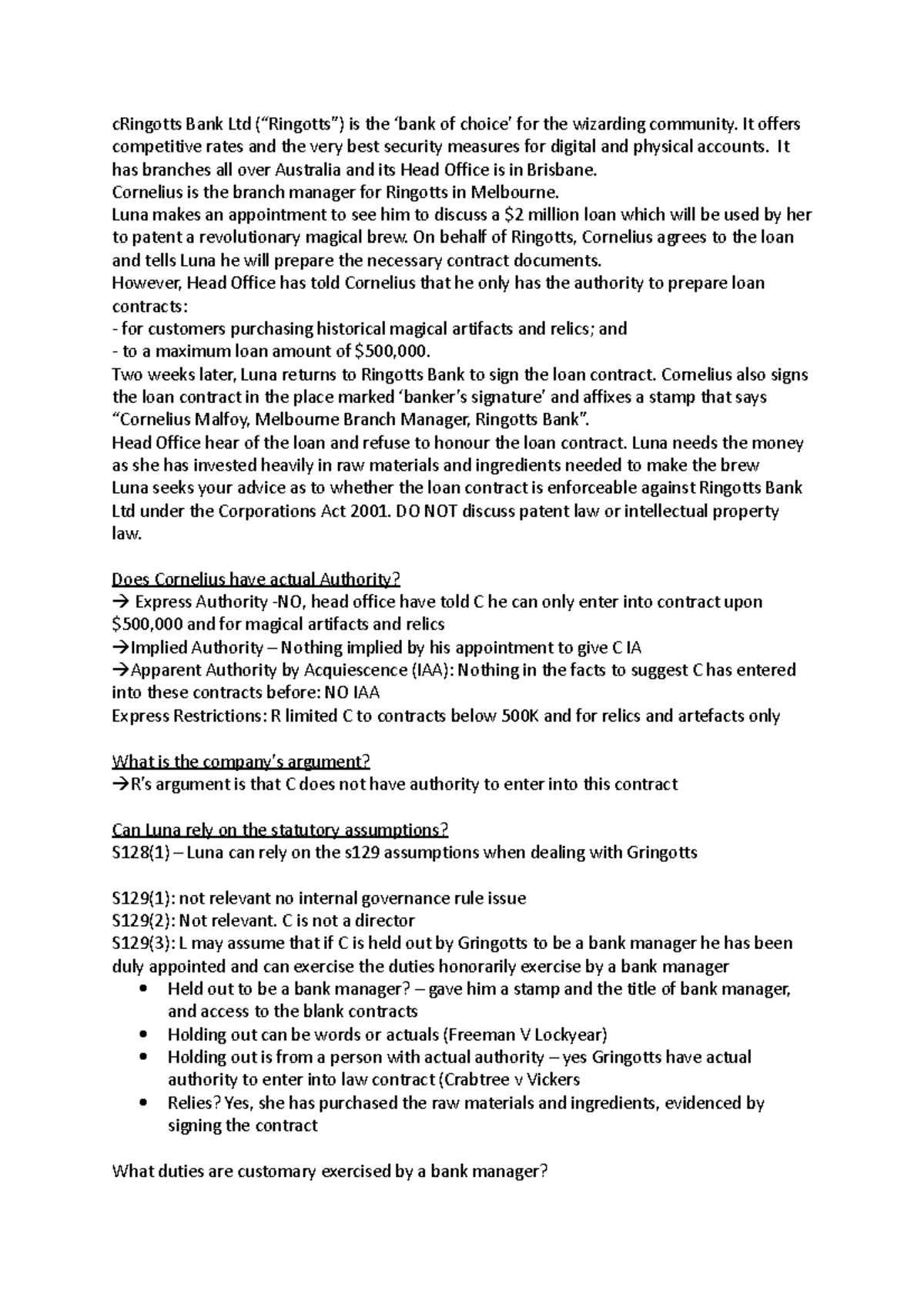 Tutorial Week 12 - cRingotts Bank Ltd (“Ringotts”) is the ‘bank of ...