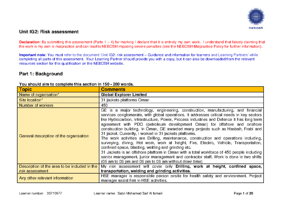 IG2 Risk Assessment for Offshore Operations at Global Explorer Ltd ...