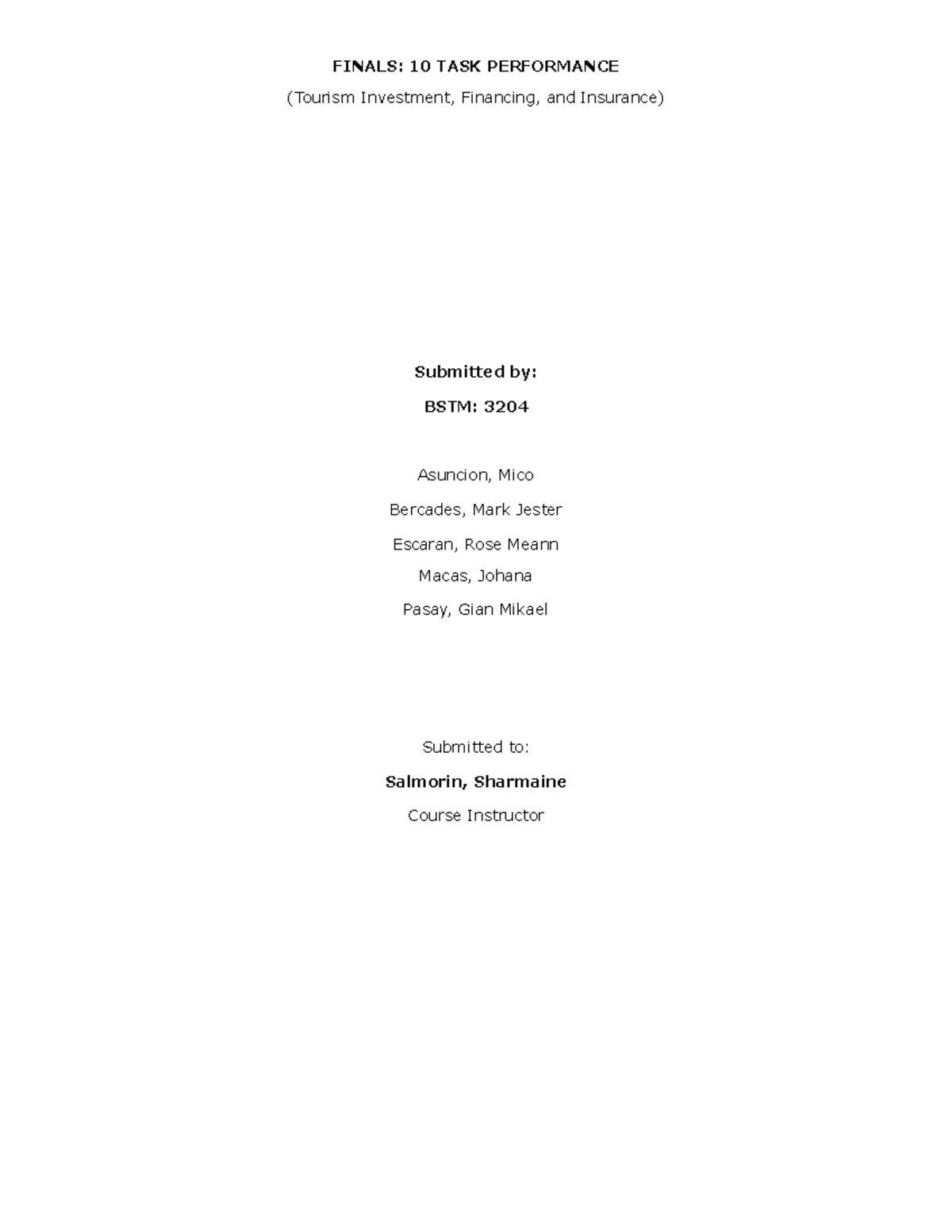 BSTM 3204: Final Exam on Tourism Investment & Insurance Insights - Studocu