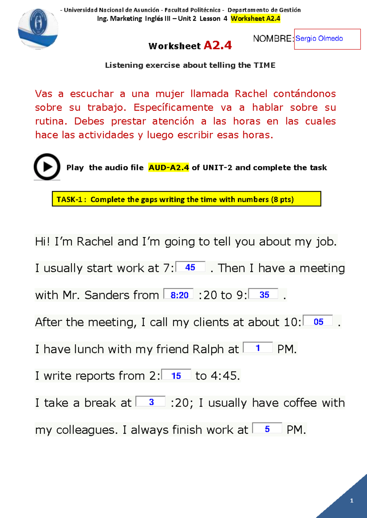 Unit 2 Lesson 4 Worksheet A2.4 - Listening Exercise on Time - Studocu