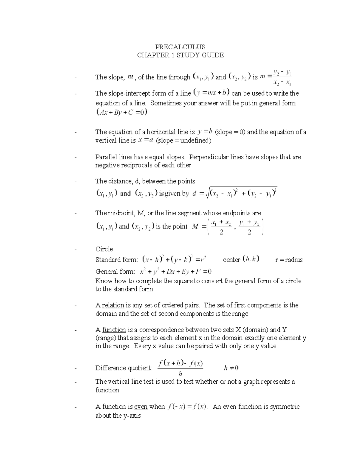 Precalculus (MATH101) Chapter 1 Study Guide: Key Concepts & Formulas ...
