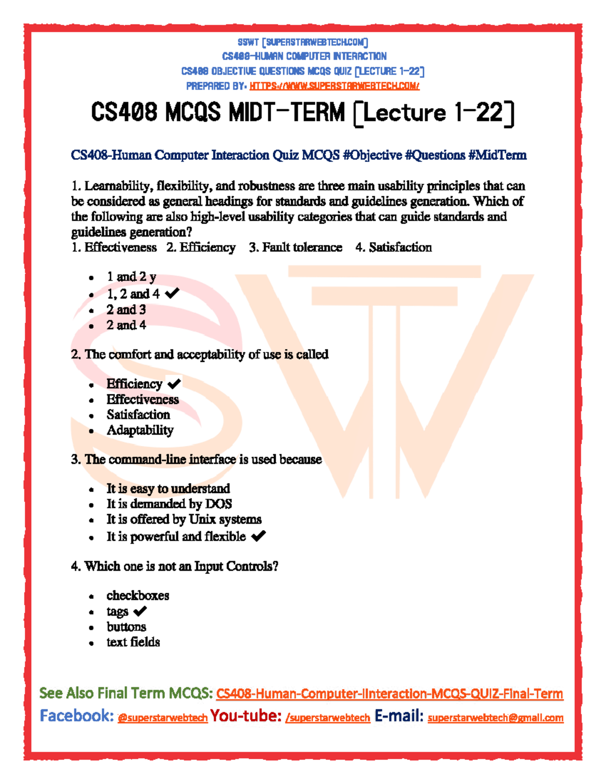 CS408 Midterm MCQS lecture 1 to 22 - Human Computer interaction - Studocu