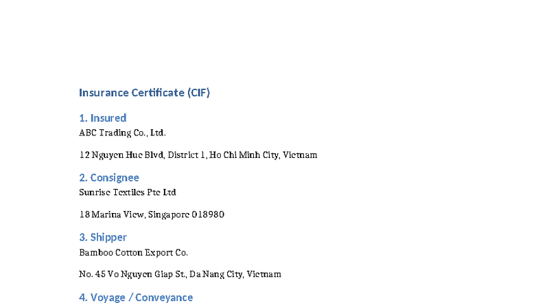 Insurance Certificate (CIF) for ABC Trading Co. and Shipment Details ...