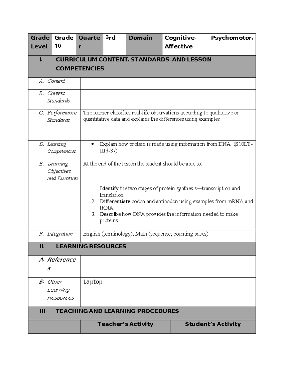 Protein Synthesis Lesson Plan - BSED 3rd Level - Studocu