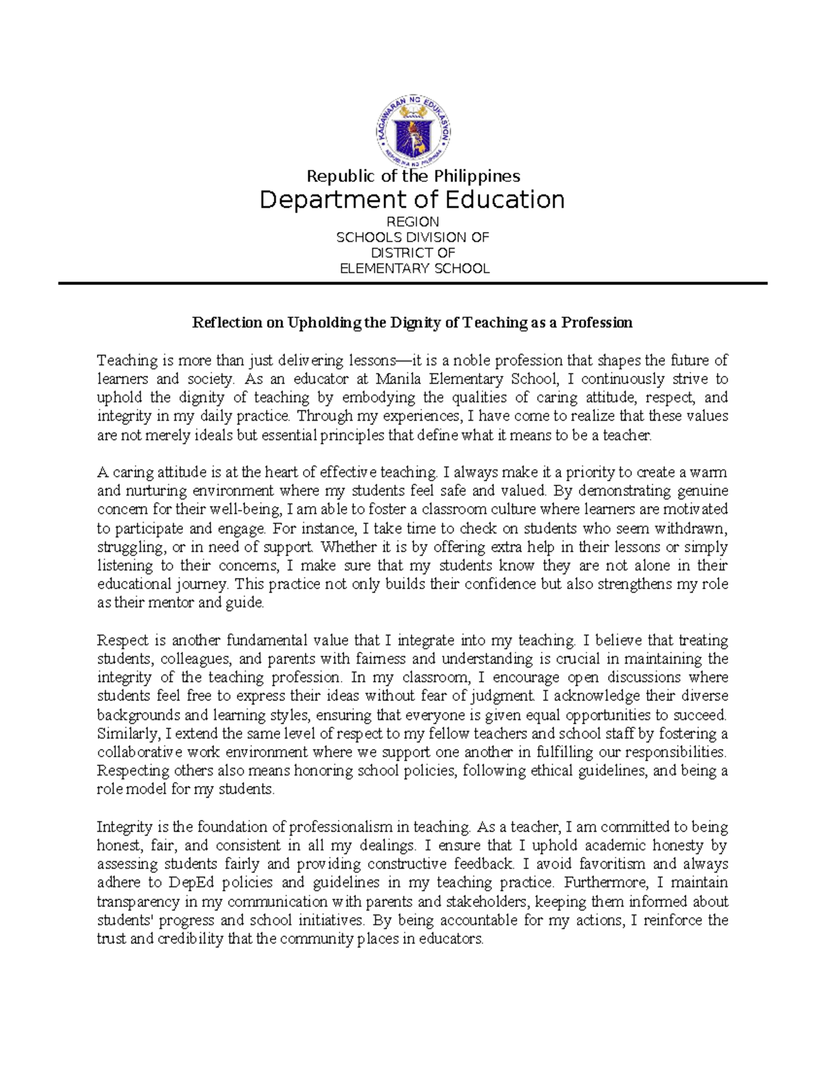 Reflection on Upholding Teaching Dignity: A Journal Entry - Studocu