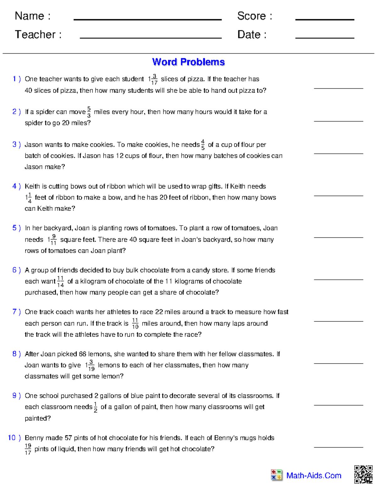 Word Problems 3: Fraction Division Practice - Studocu