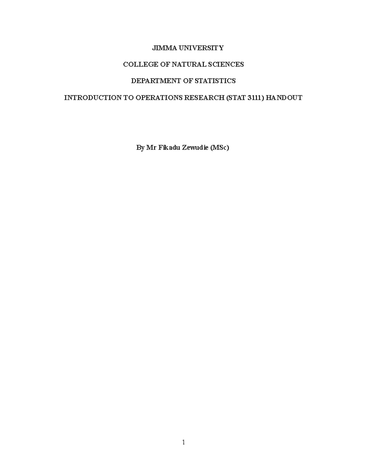 Operations Research (STAT 3111) Lecture Notes on Fundamental Concepts ...