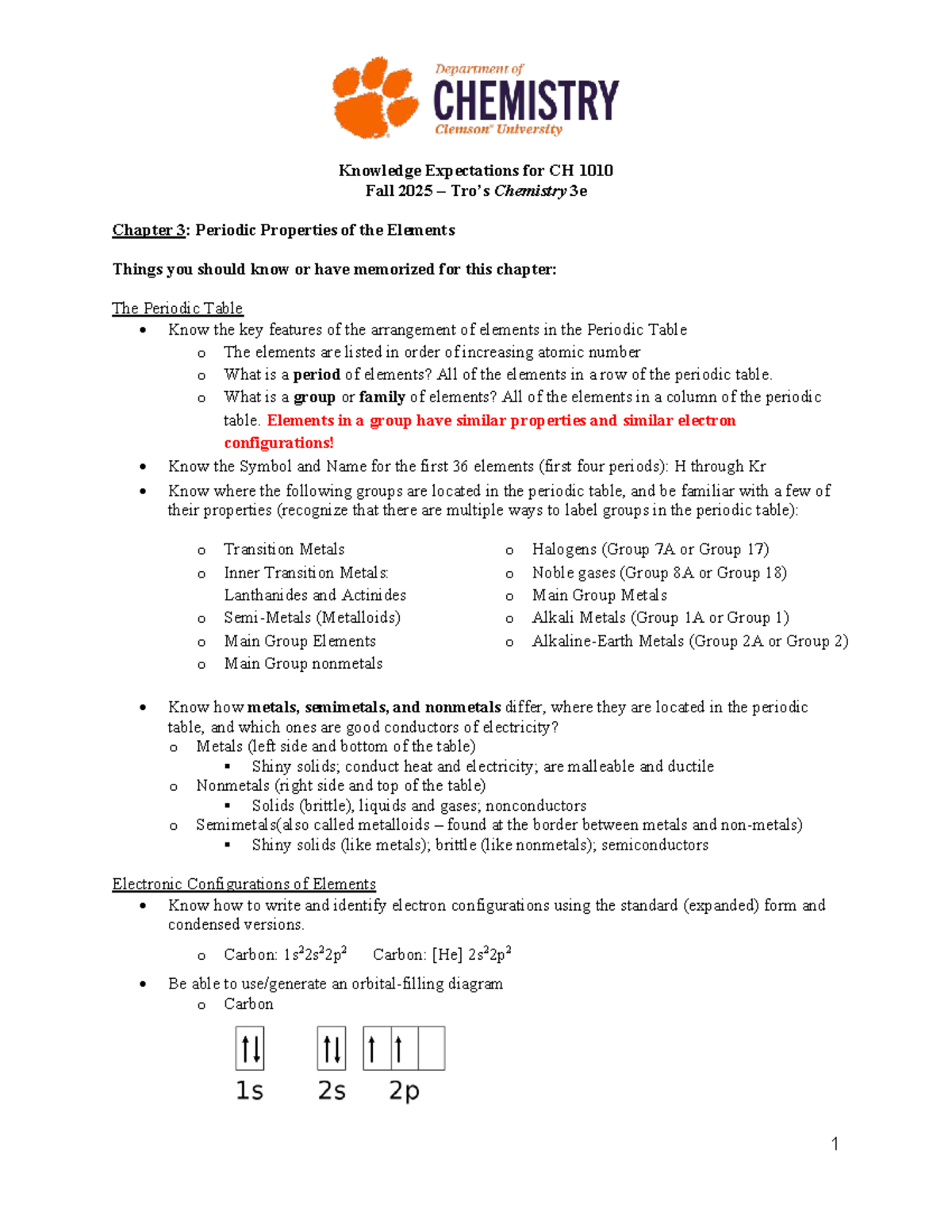 CH 1010 Fall 2025: Key Knowledge for Chapter 3 - Periodic Properties ...