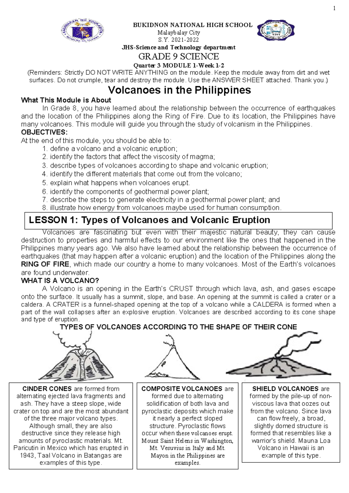 Grade 9 Science Q3 Module: Understanding Volcanoes in the Philippines ...