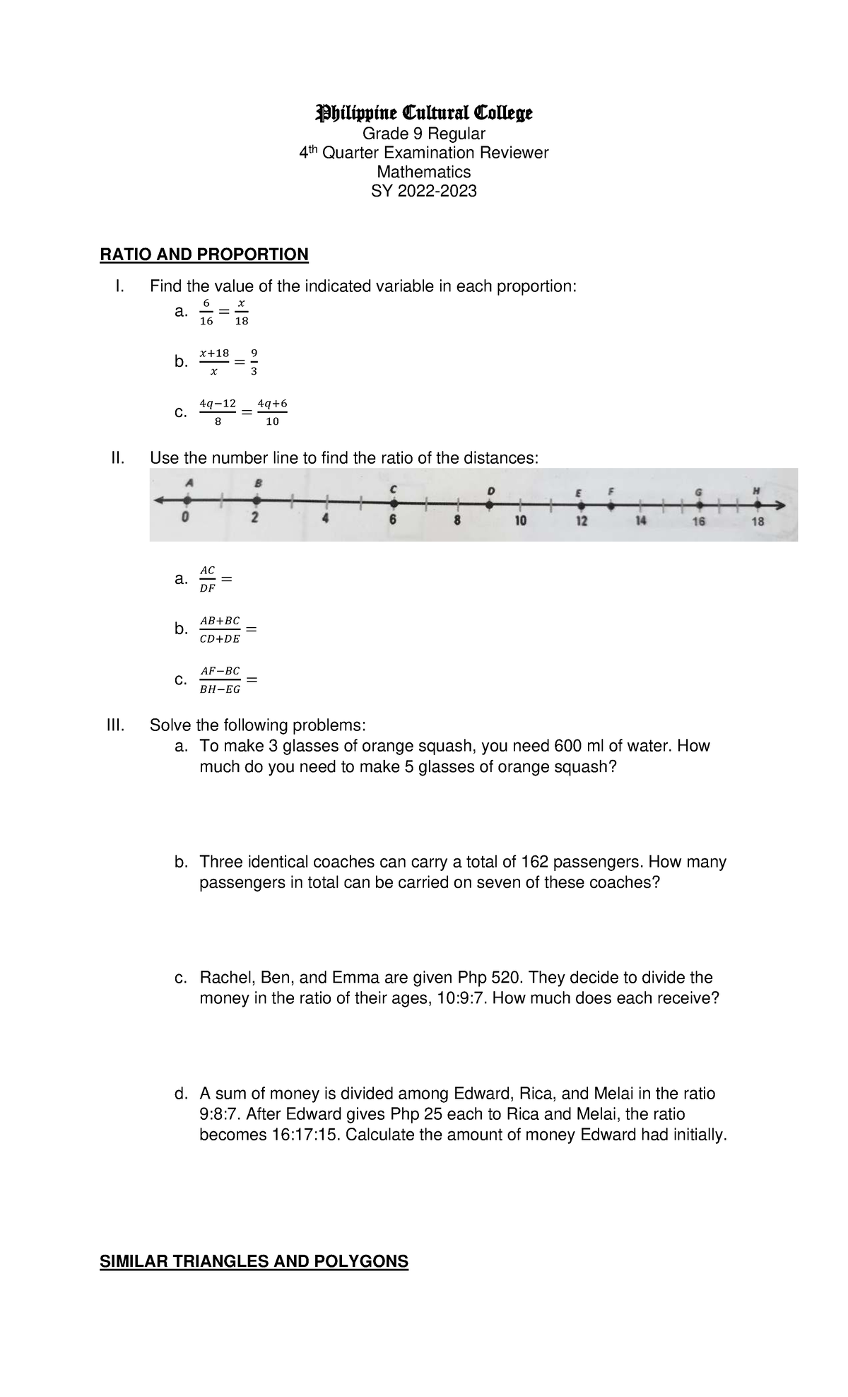 Math 9R 4th Quarter Exam Reviewer: Ratio, Proportion & Similar ...