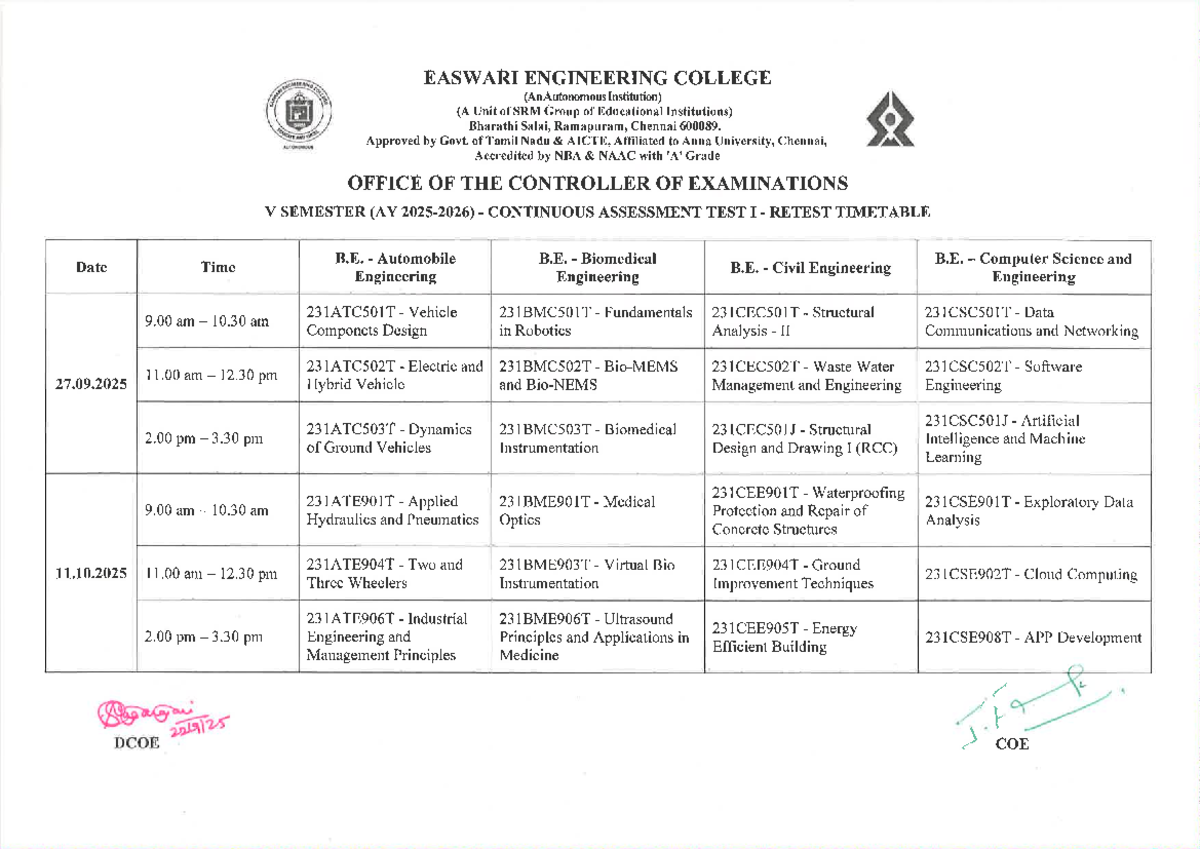 V Semester CAT I Retest Timetable - EASWARI ENGINEERING COLLEGE - Studocu