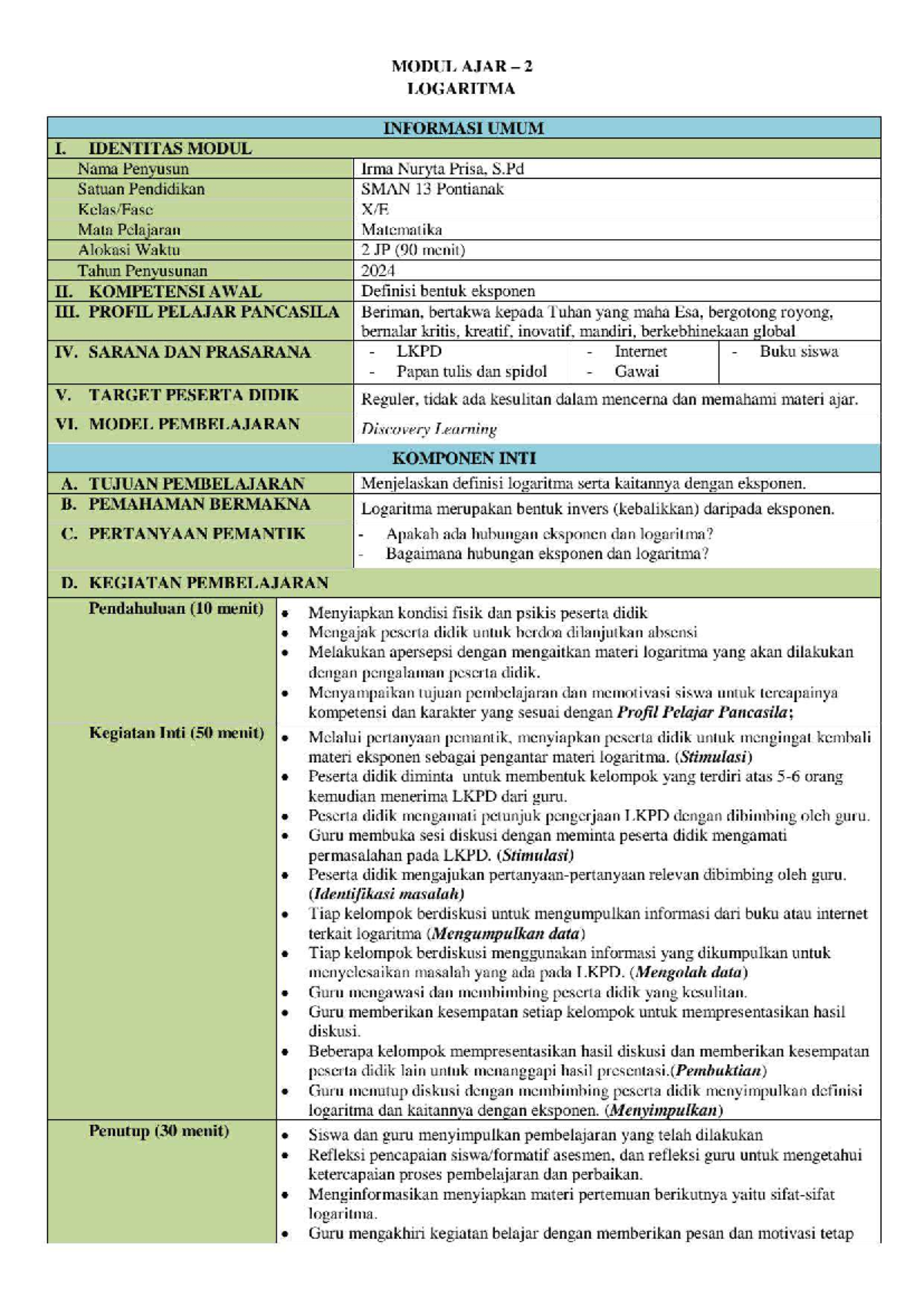 Modul Ajar 2: Logaritma untuk Matematika Kelas 11 SMAN 13 - Studocu