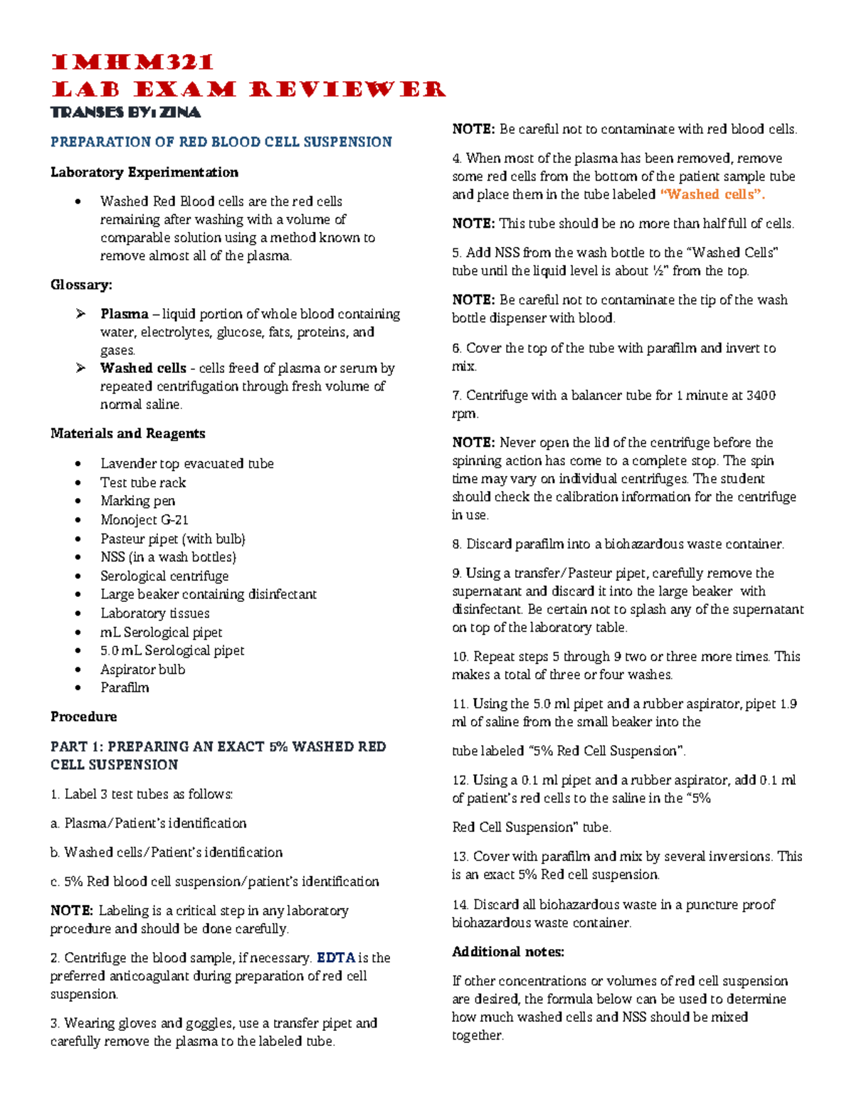 IMHM-LAB-321 - imhm lab - LAB EXAM REVIEWER TRANSES BY: ZINA ...