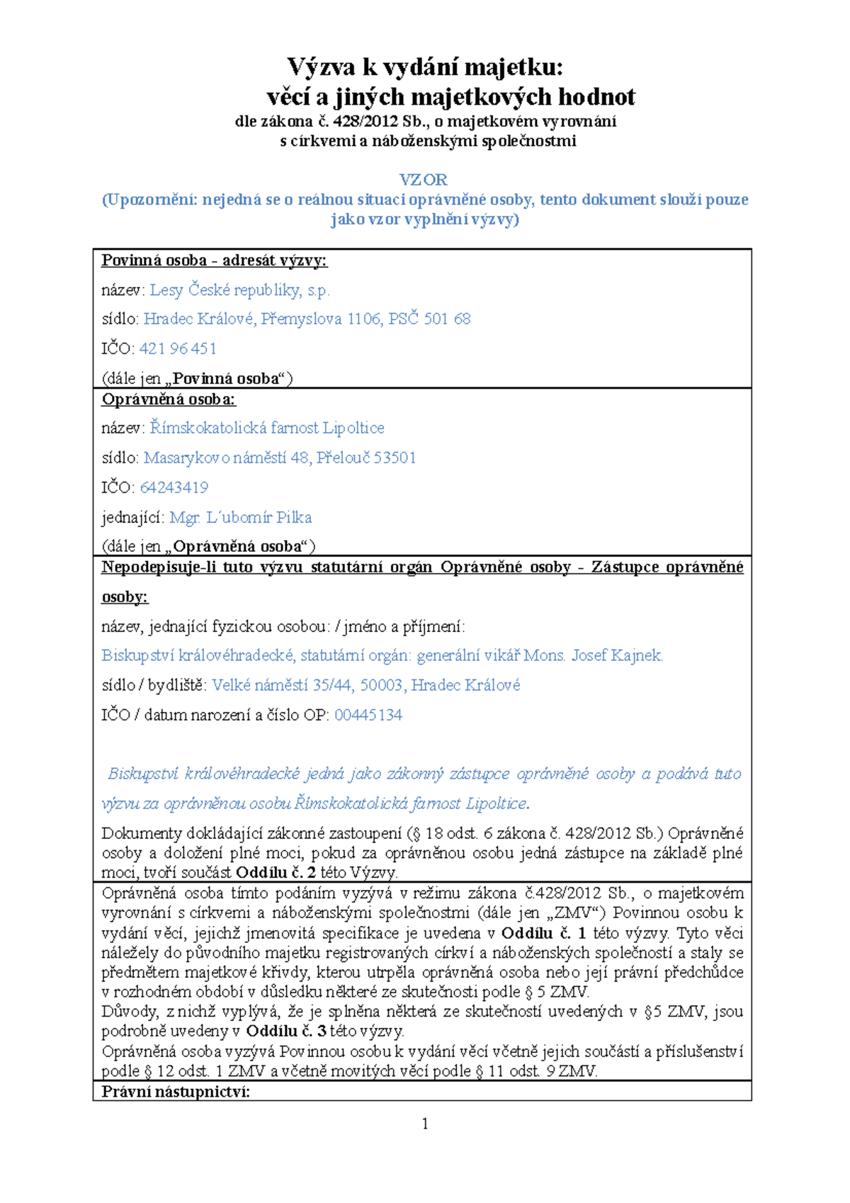 01b vyzva k vydani majetku vyplneny vzor a - Výzva k vydání majetku: věcí a jiných majetkových ...