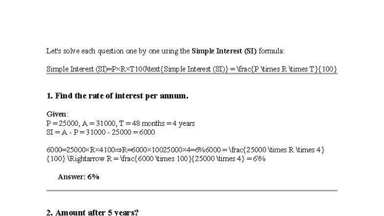 Aptitude Notes: Simple Interest (SI) Formula Solutions - Studocu