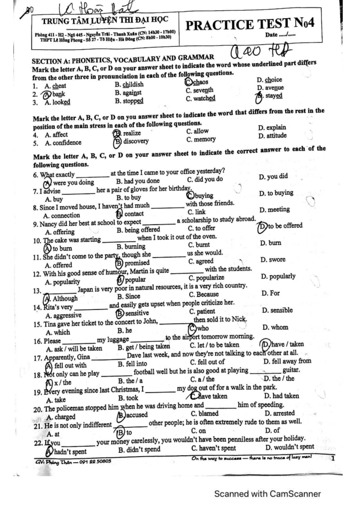 CLASS 11: PRACTICE TEST No. 4 - VOCABULARY & GRAMMAR - Studocu