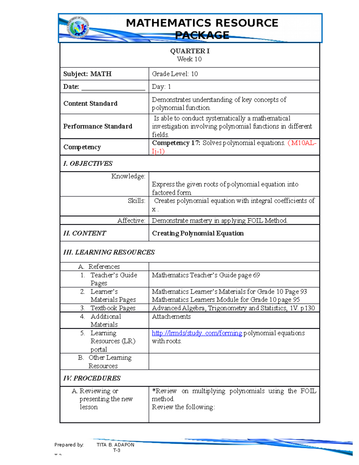 DLP WEEK 10 DAY 1 - PACKAGE QUARTER I Week 10 Subject: MATH Grade Level ...
