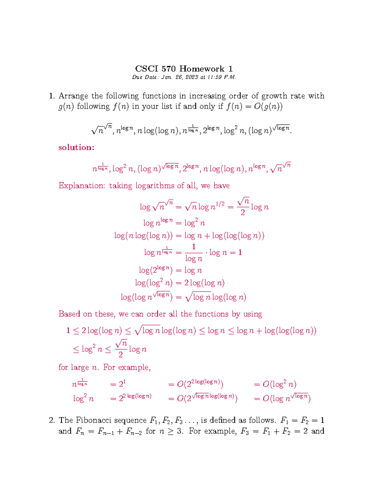 Hw1 solutions - hw1 - CSCI 570 Homework 1 Due Date: Jan. 26, 2023 at 11:59 P. Arrange the ...