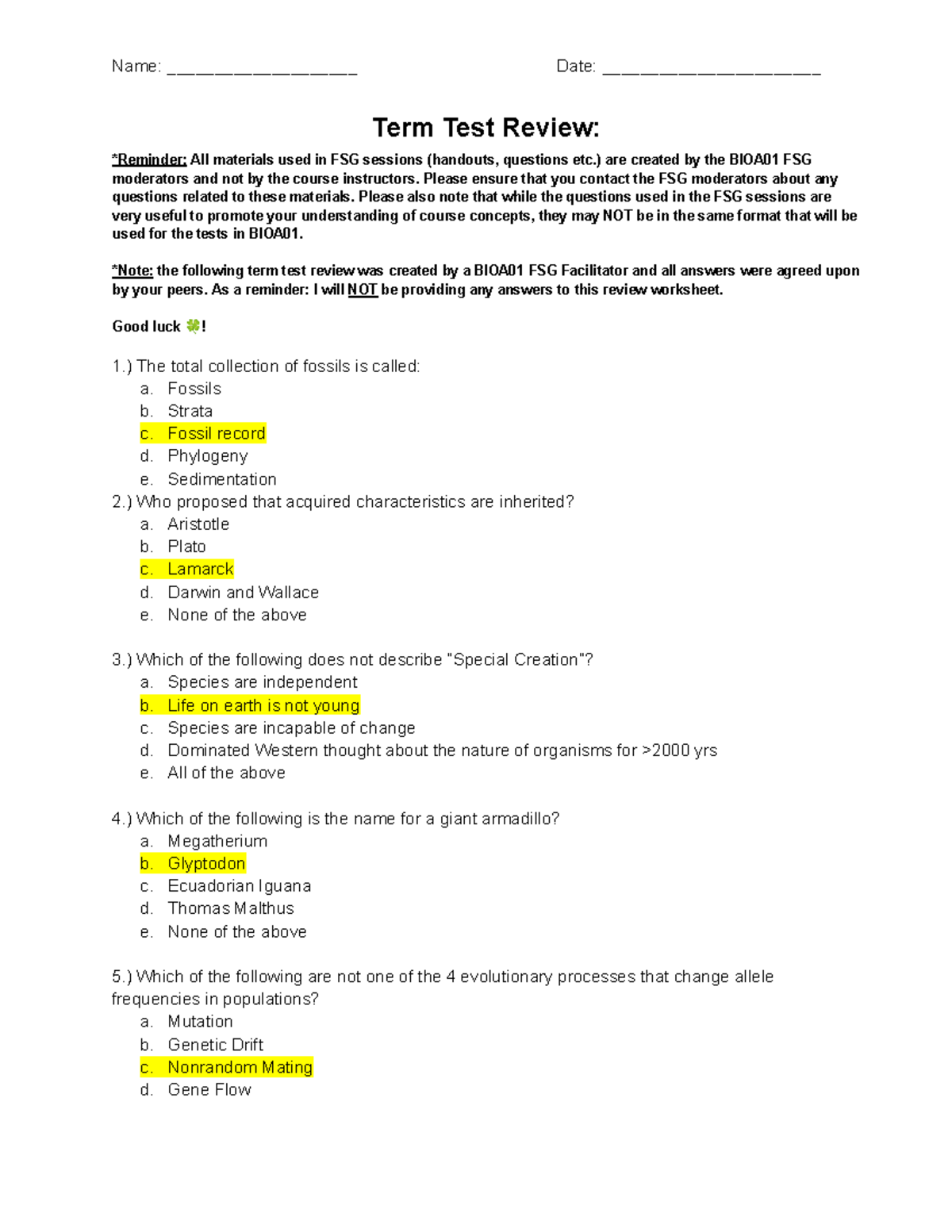 BIOA01 - Module 1 Term Test Review and Study Guide - Studocu
