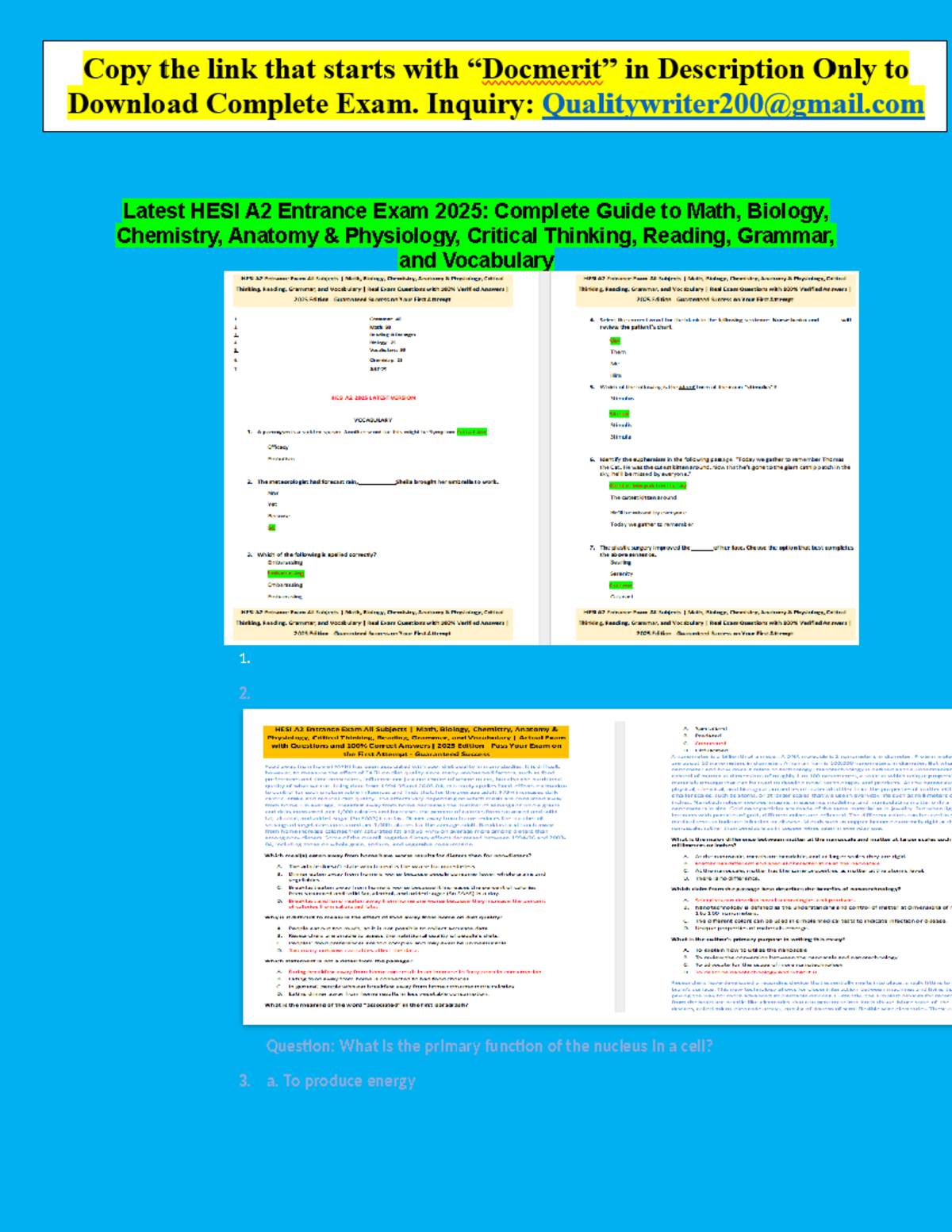 2025 HESI A2 Entrance Exam Practice Questions for Biology, Grammar ...
