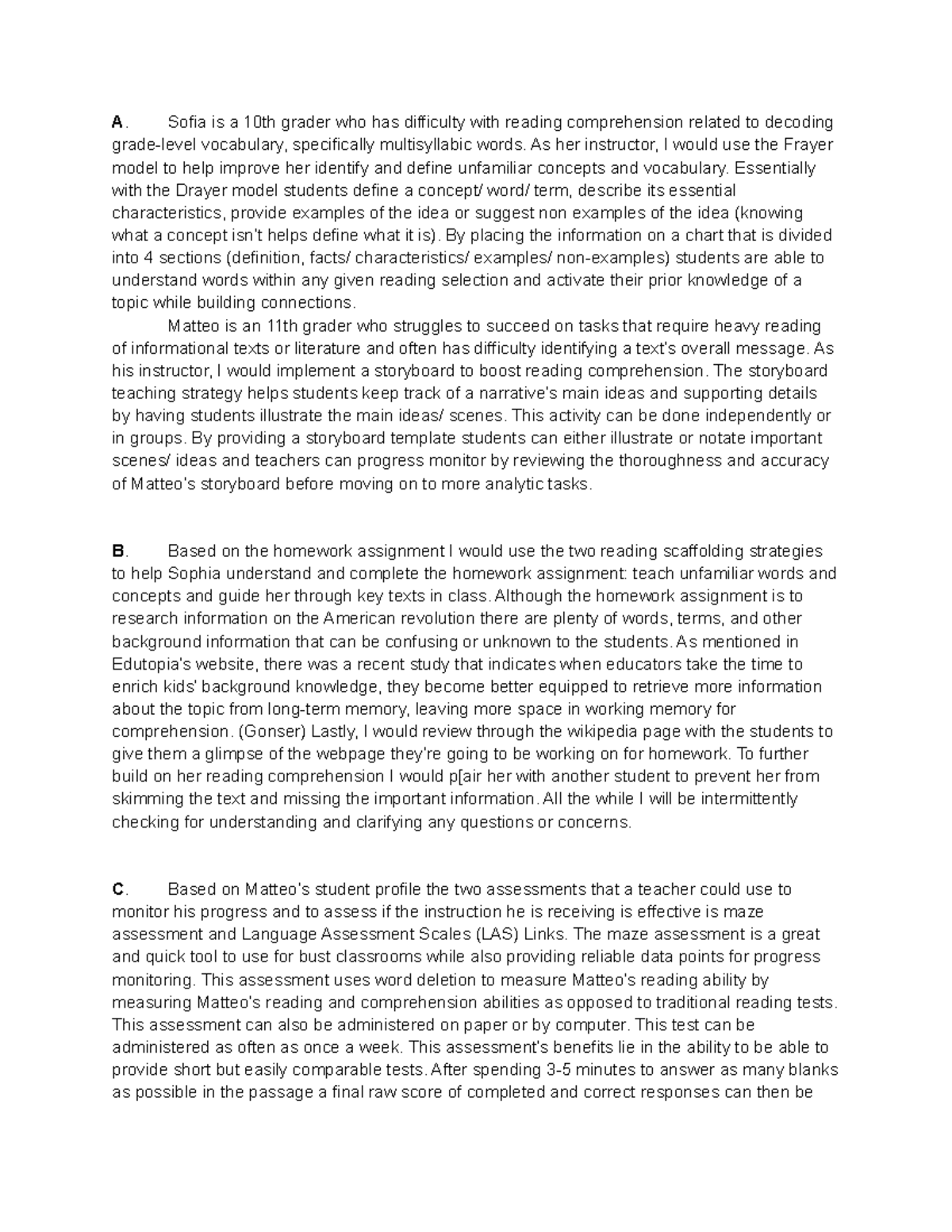 C730 Secondary Reading Instruction and Interventions Task 2 - A. Sofia ...