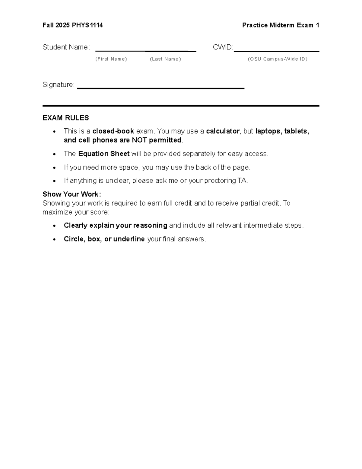 Fall 2025 PHYS1114 Practice Midterm Exam 1 Review Guide - Studocu