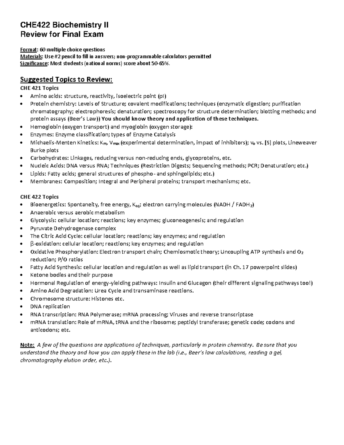 CHE 422 Final Exam Review - Biochemistry II Study Guide - Studocu