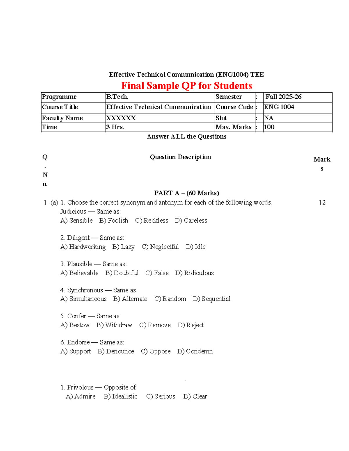TEE ENG1004 Final Exam Sample Paper for Effective Technical ...