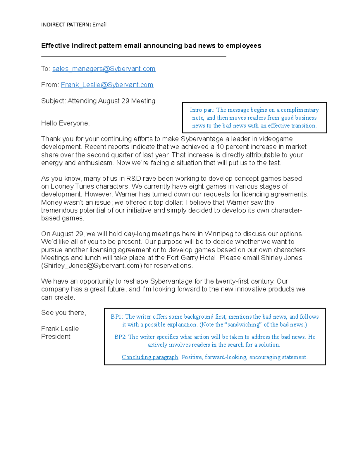 W5.1.2 Indirect Email Sample: Bad News Announcement Strategy - Studocu