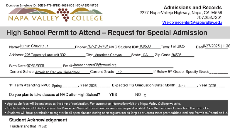 NVC High School Permit to Attend Request - Jamar Choyce Jr. - Studocu
