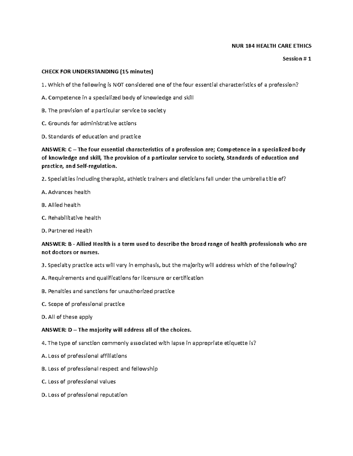 Module-1 - Module-1 - NUR 104 HEALTH CARE ETHICS Session # 1 CHECK FOR ...