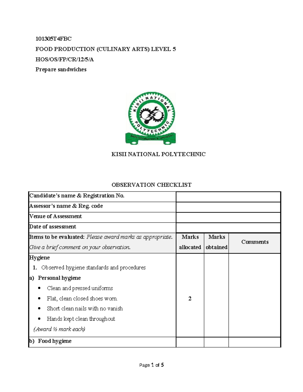 101305T4FBC FOOD PRODUCTION (CULINARY ARTS) LEVEL 5 Sandwich ...