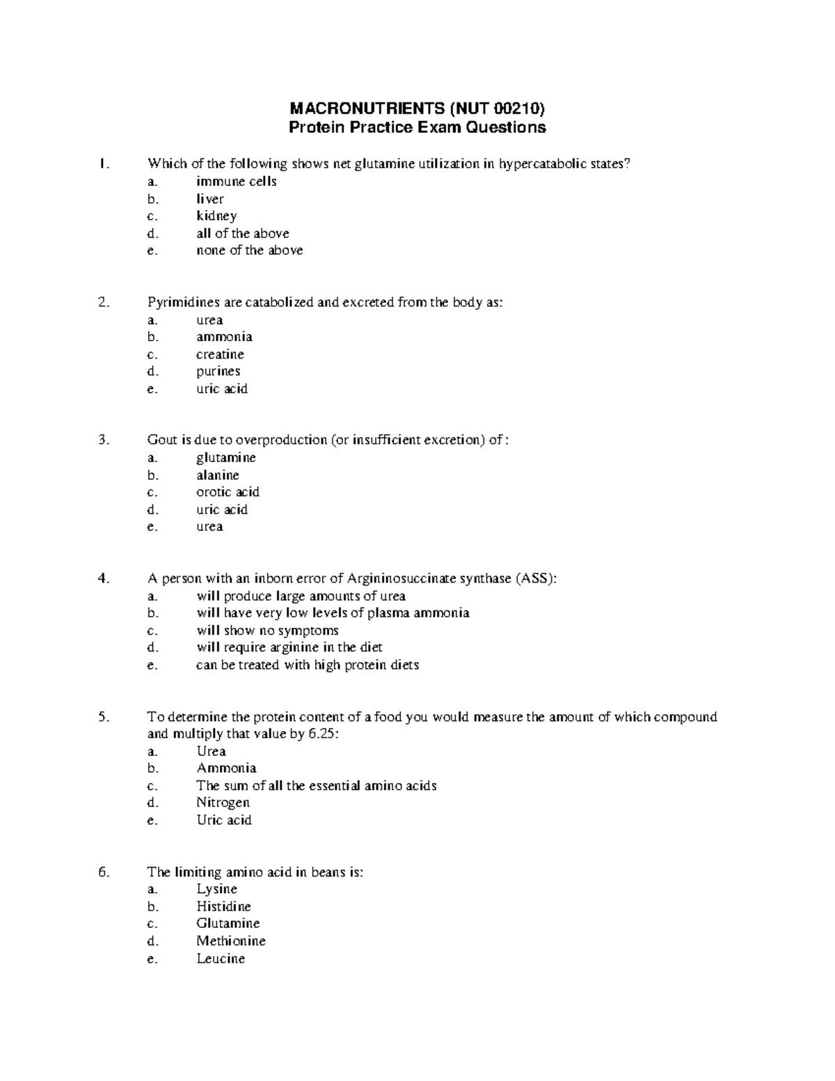 Protein Metabolism Practice Exam Questions (NUT 00210) - Studocu
