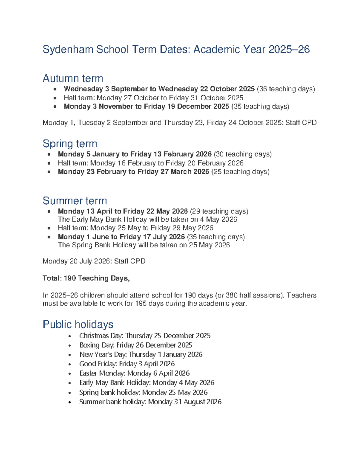 Sydenham School Academic Year Term Dates 2025-2026 - Studocu