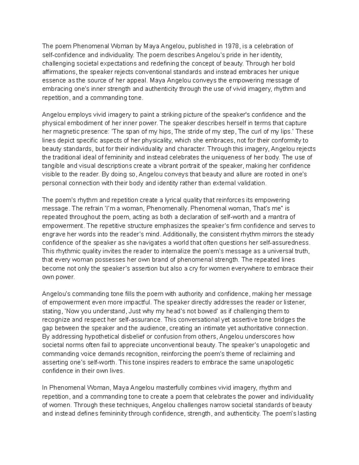 Maya Angelou's "Phenomenal Woman": An Empowering Analysis - Studeersnel