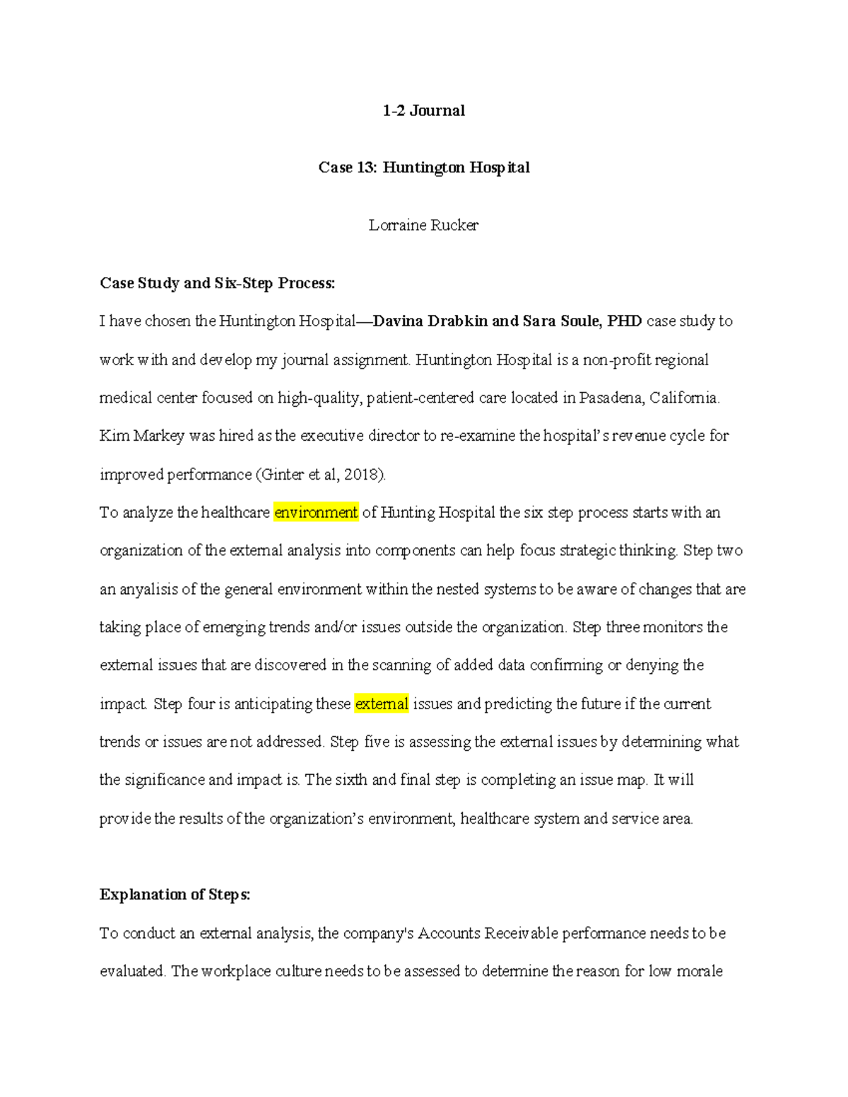 HCM 415 Case Study: Huntington Hospital Analysis Journal - Studocu