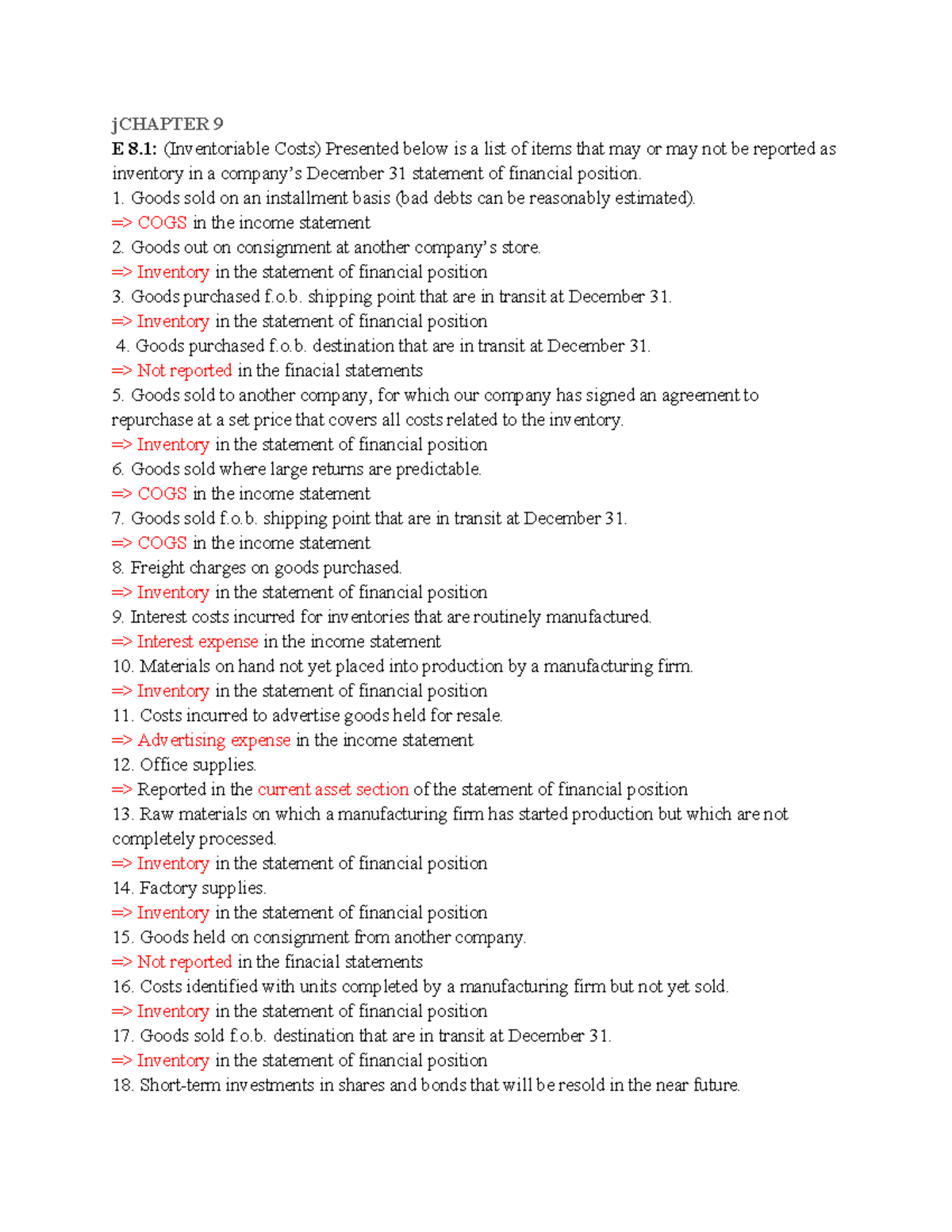 Chapter 9 Exercises: Inventoriable Costs & Accounting Methods (E 8.1, E ...