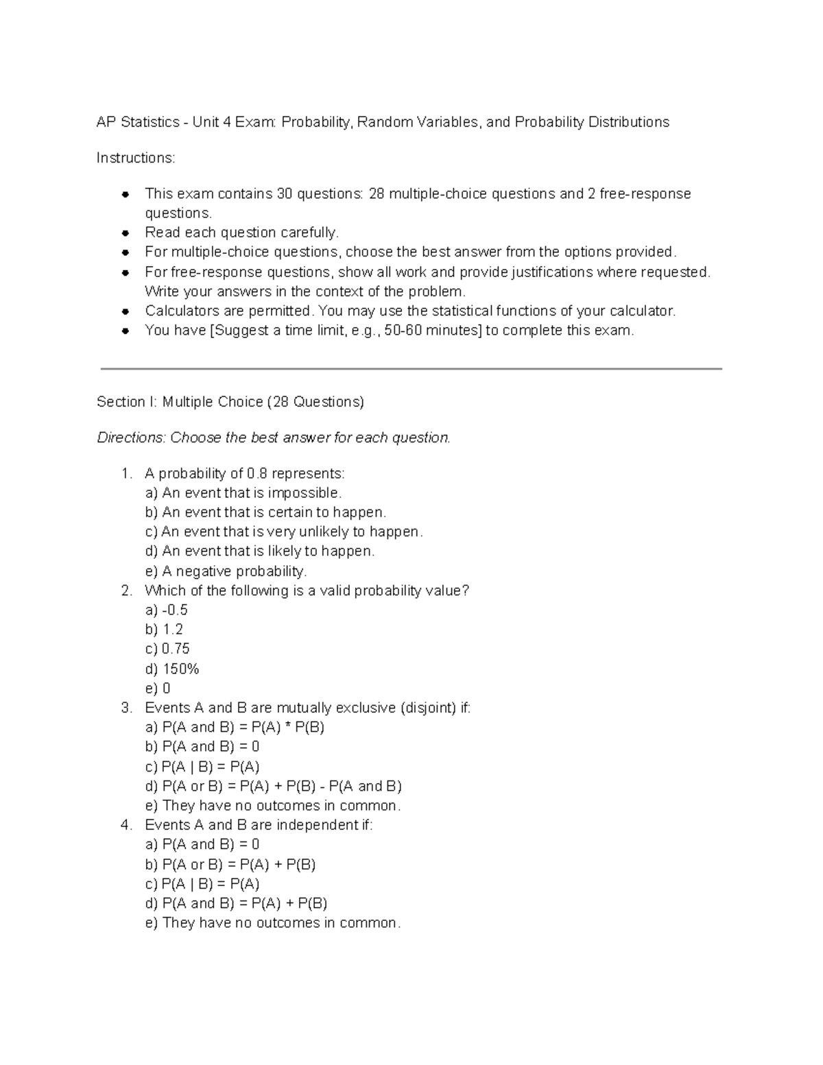 AP Statistics Unit 4 Exam: Probability & Random Variables - Studocu