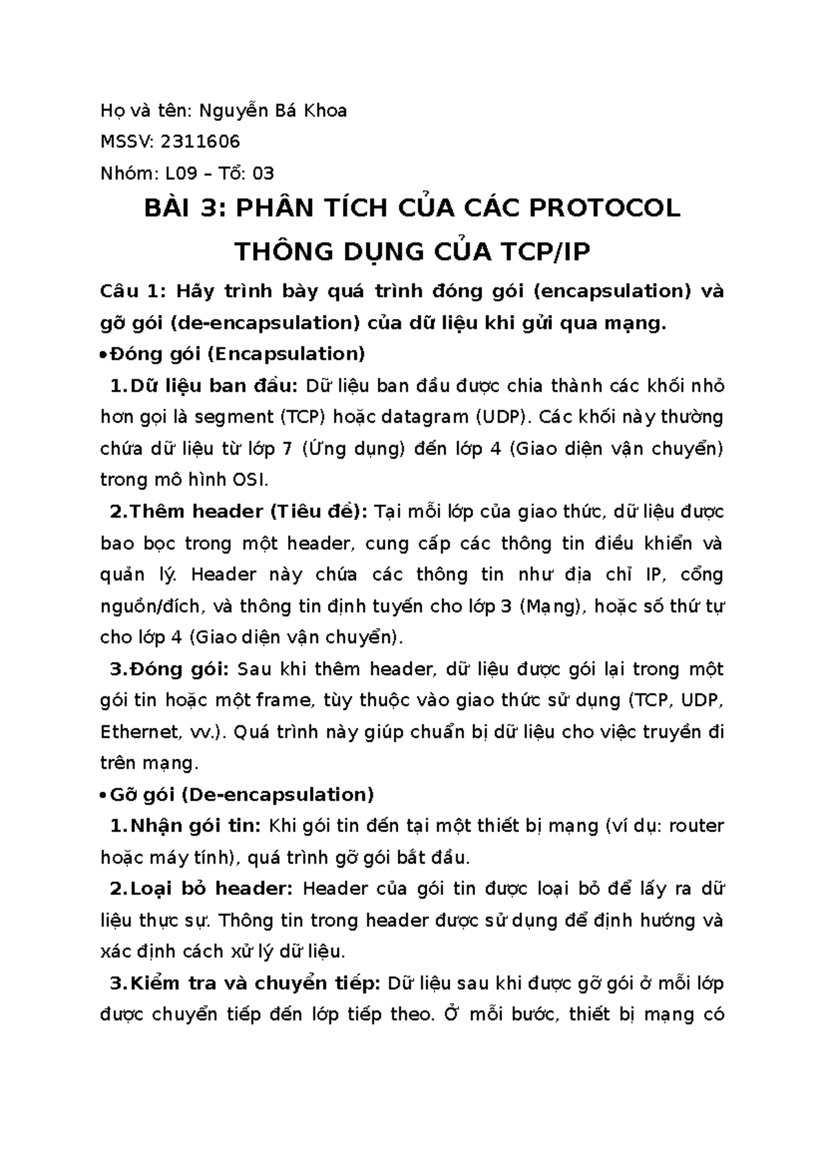 BÀI 3: PHÂN TÍCH CÁC PROTOCOL THÔNG DỤNG VÀ QUÁ TRÌNH ĐÓNG GÓI DỮ LIỆU ...