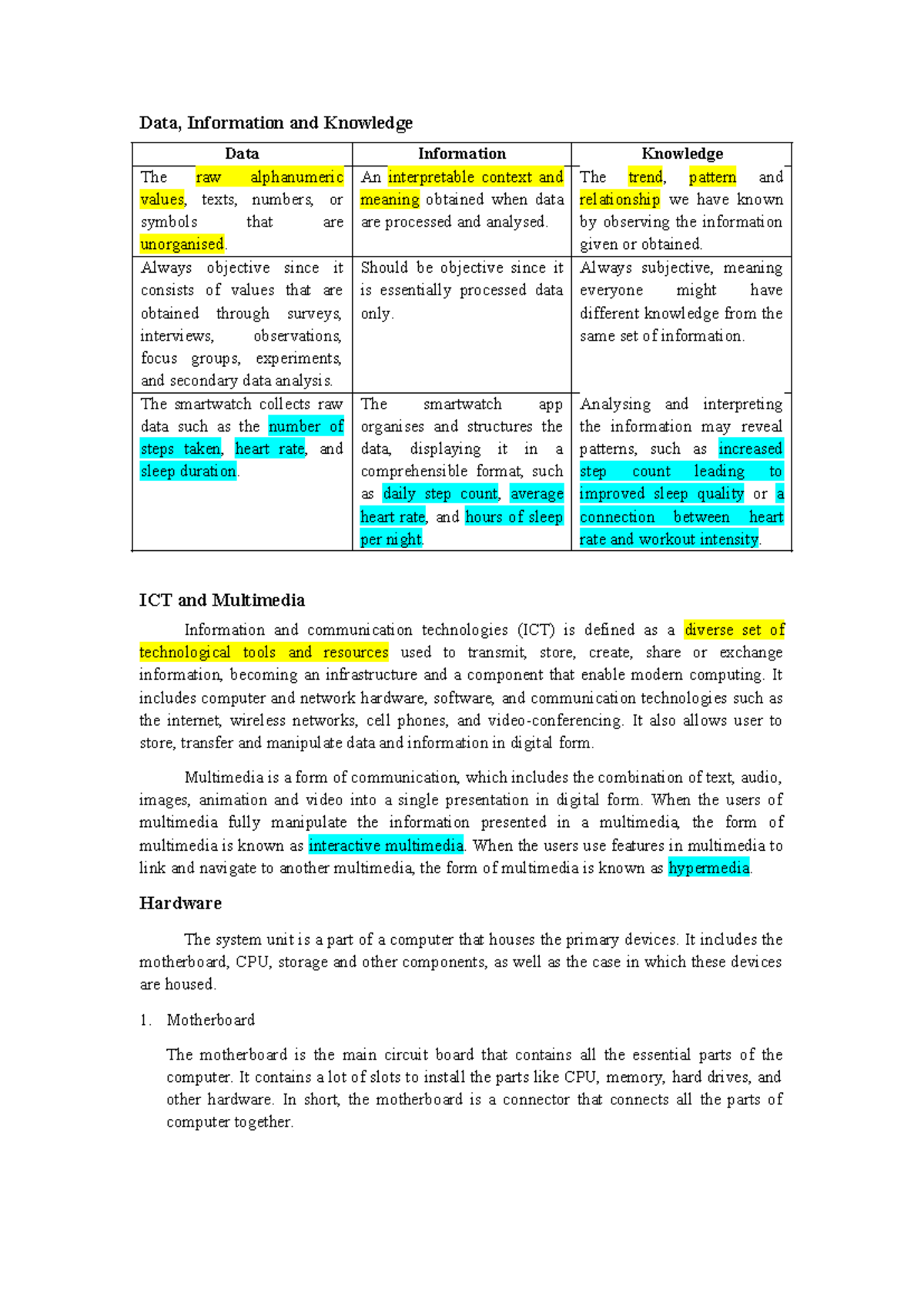 **ICT Sem1 C1: Data, Information, Knowledge & Hardware Overview** - Studocu